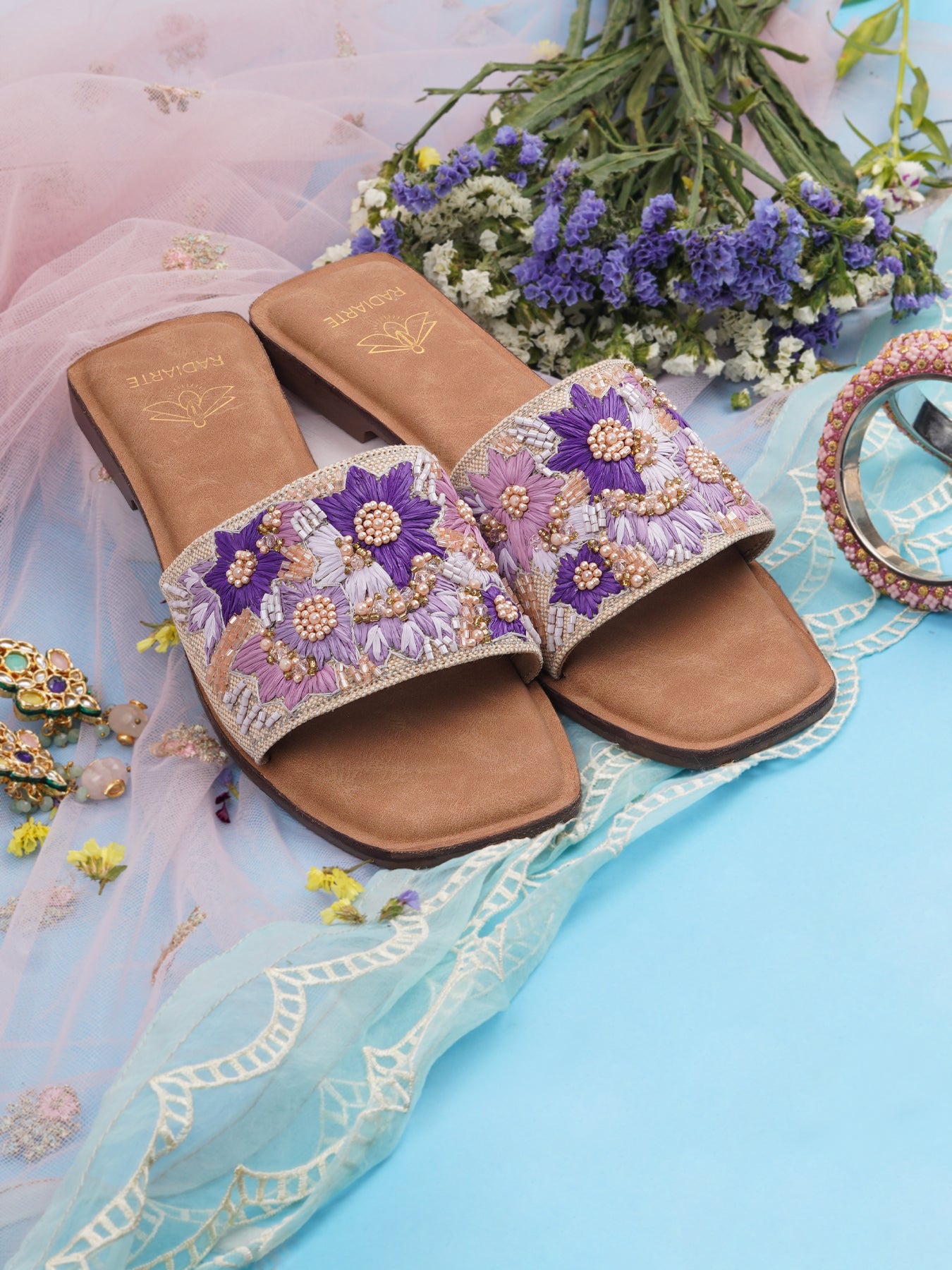 Chamak Beige/Purple Slides for Women | Jute Upper, Skin-Fit Lining, Cu ...