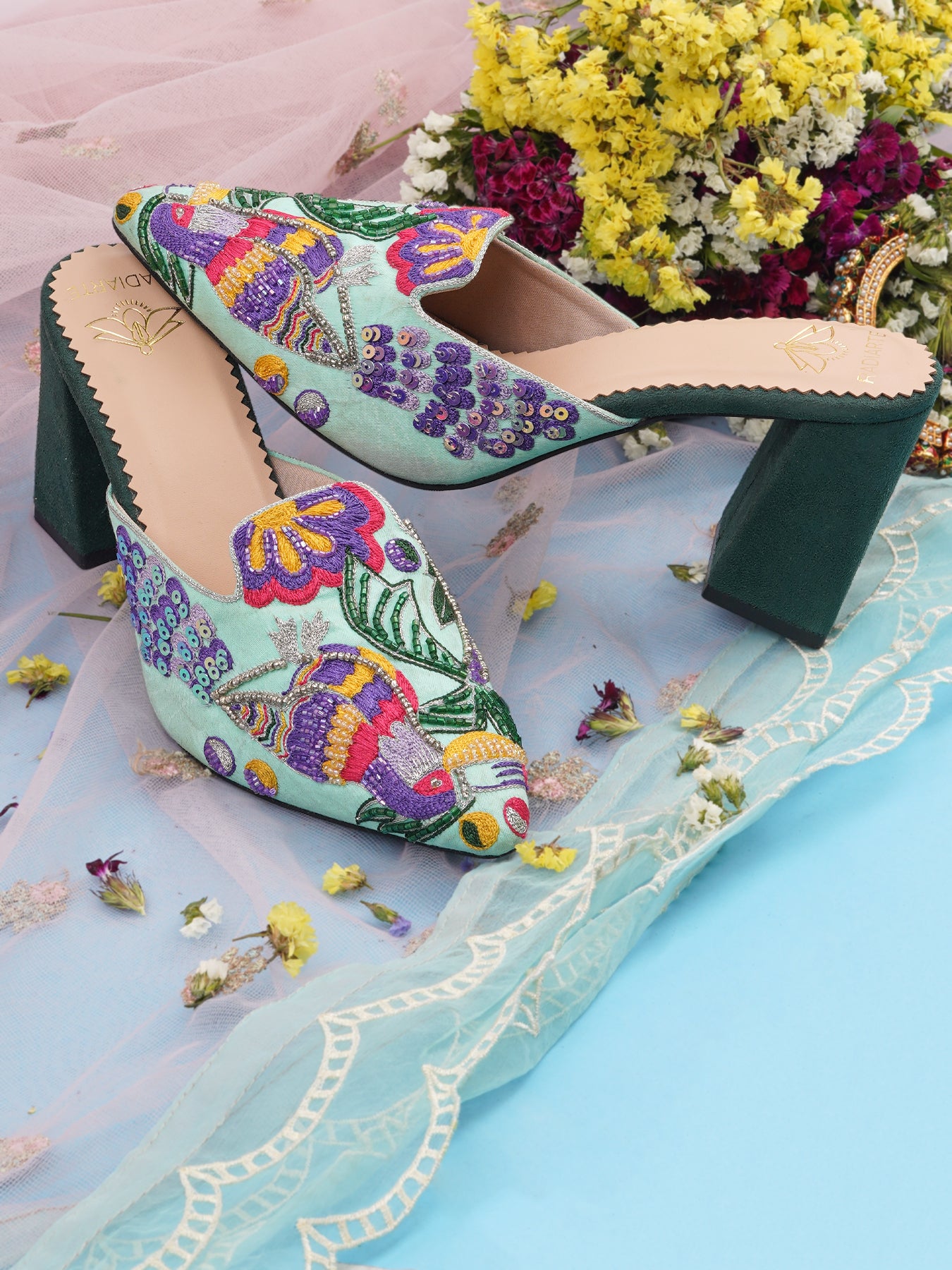 Rio Mint Green Mules with Block Heel | Cotton Upper, Beads & Sequins D ...